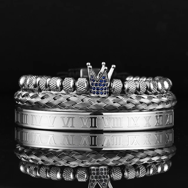Luxury Micro Pave Blue CZ Crown Royal Charm Men Bracelets Stainless ...