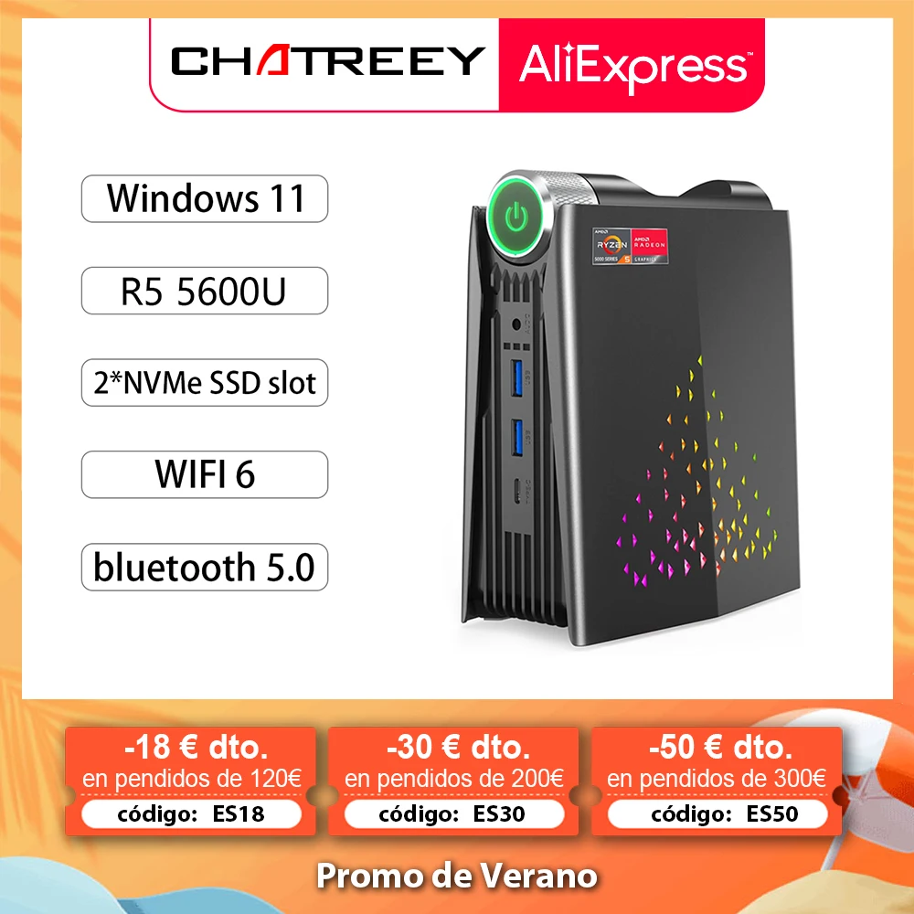 Chatreey Mini PC AMR5 Ryzen 5 5600U, iluminación colorida para ...