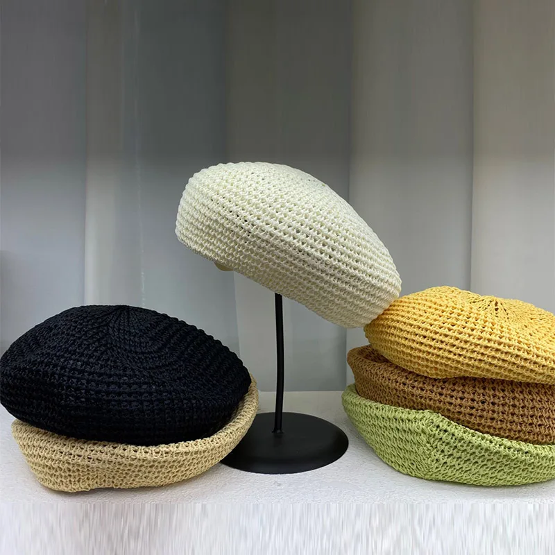 Women's Berer Summer Woven Straw Beret Hat Crochet Straw Cap Sun Hat ...