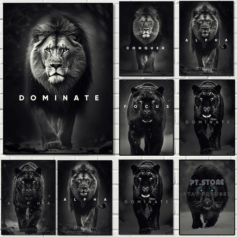 Conquer-Focus-Motivational-Quotes-Canvas-Painting-Lion-Tiger-Leopard ...