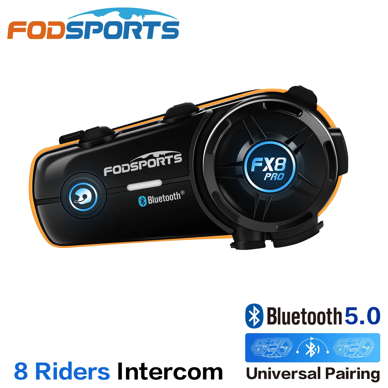 Fodsports FX8 Pro 오토바이 인터콤 블루투스 5.0, 8 라이더 1000M 인터폰 음악 공유 배경 사운드 FM 헬멧 ...