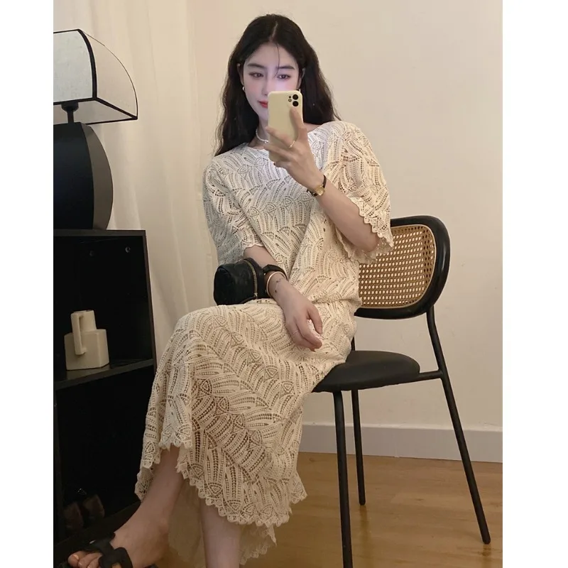 통통한 레이스 고급 틈새 A 라인 드레스 스트레이트 배 모양의 허리 포옹 슬리밍 기질 롱 드레스 대형 여성 의류