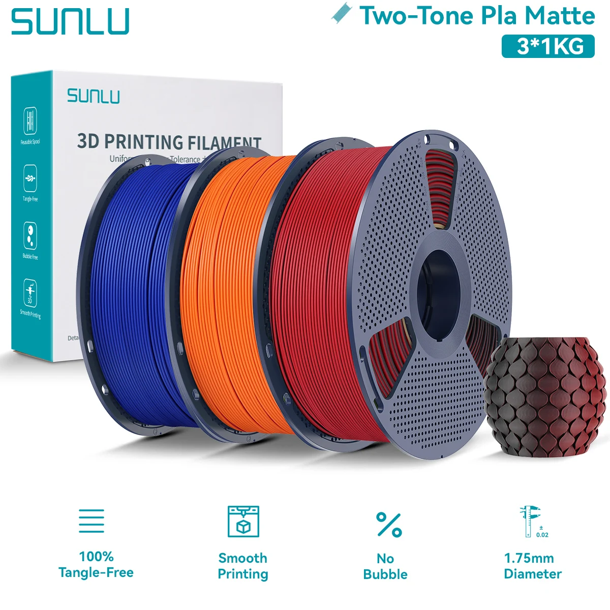 SUNLU Pla Matte Dual 3D Filament 1.75mm Neatly Wound No Bubble Matte ...