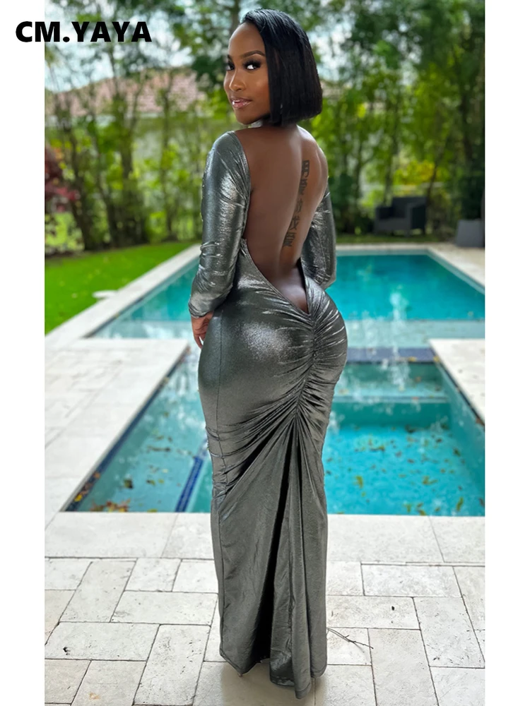 CM.YAYA Women Long Sleeve Ruched Backless Bodycon Midi Maxi Dress 2023 Street Fashion Sexy Party ...