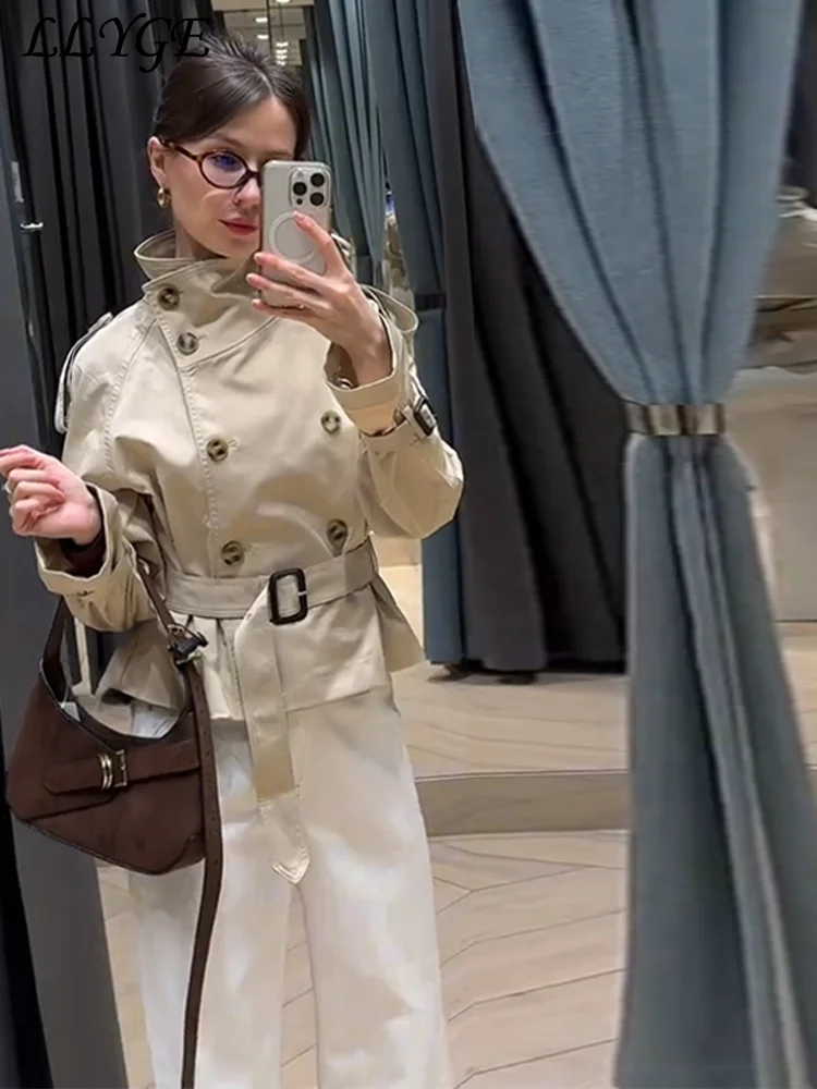 Elegant Women's Short Belt Trench Coats Turtleneck Double Breasted Full ...