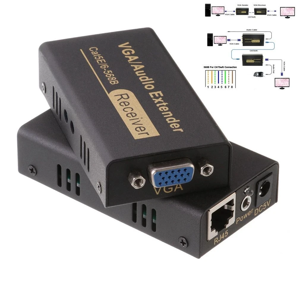 Set-100m-RJ45-To-VGA-Network-Over-Signal-Sender-Video-Audio-Extender ...