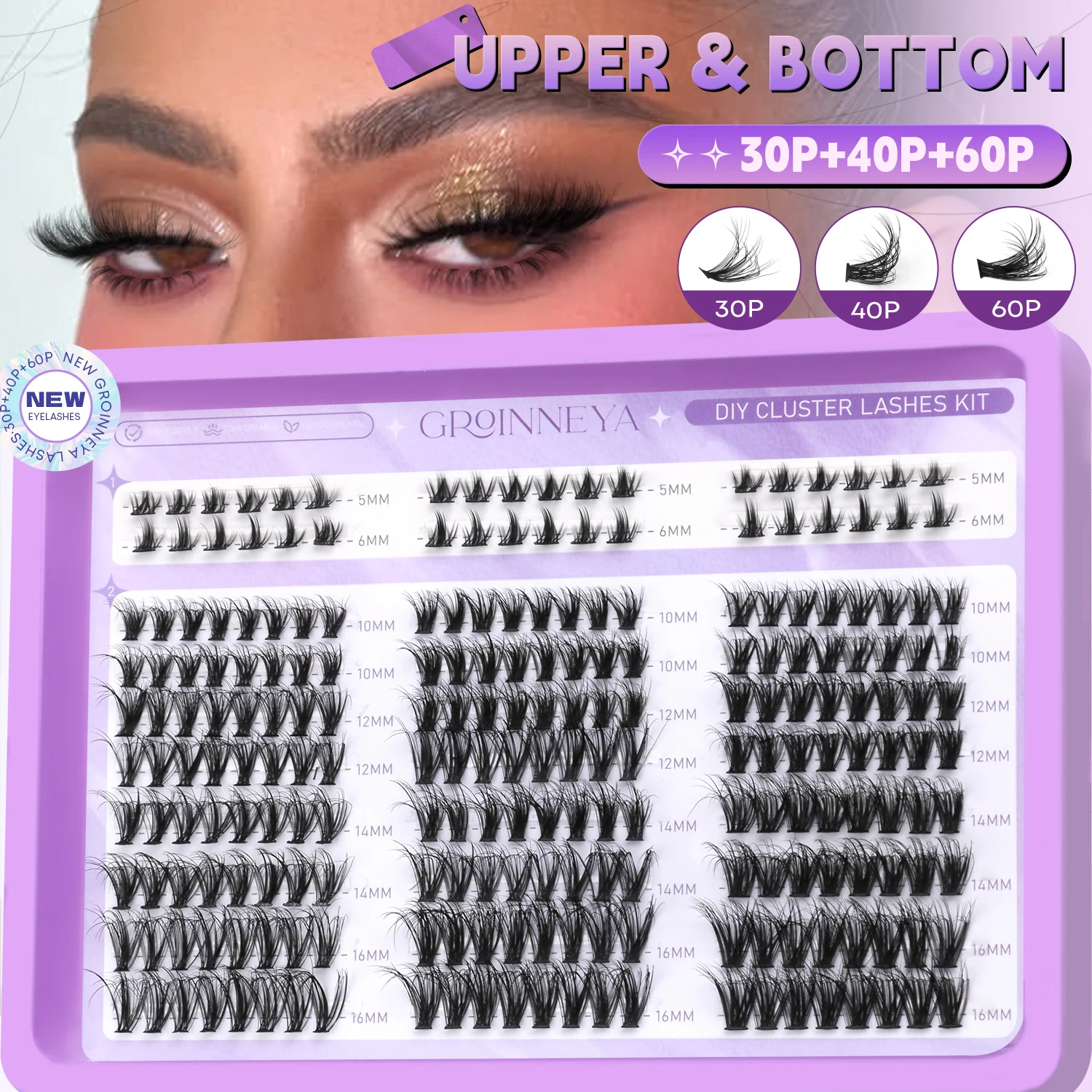 GROINNEYA Lashes Clusters Upper & Bottom Eyelashes Volume Individual ...