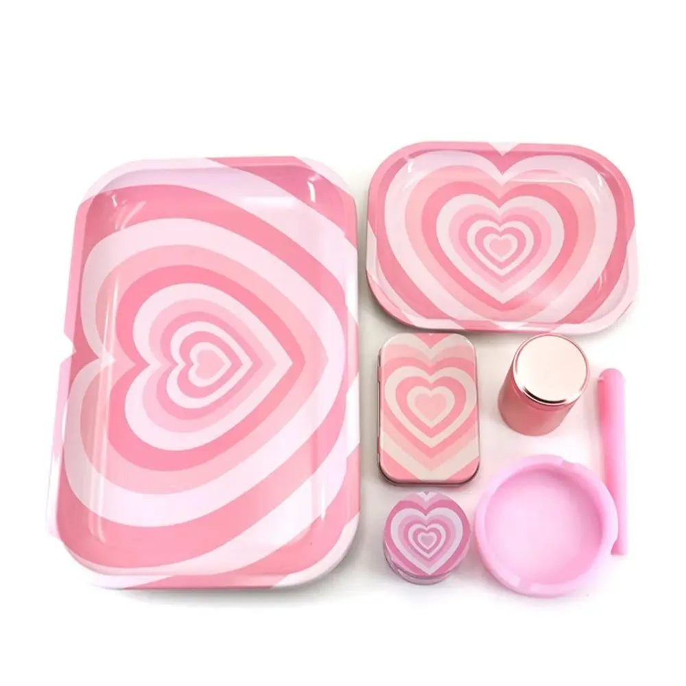 7pcs/set Pink Love Pattern Smoking Set Metal Rolling Tray Tobacco Herb ...