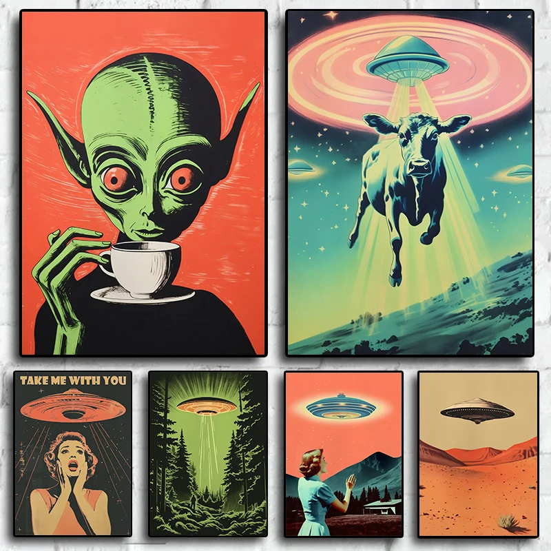 Retro-Outerspace-UFO-Funny-Cow-Alien-Drinking-Coffee-Scifi-Poster ...