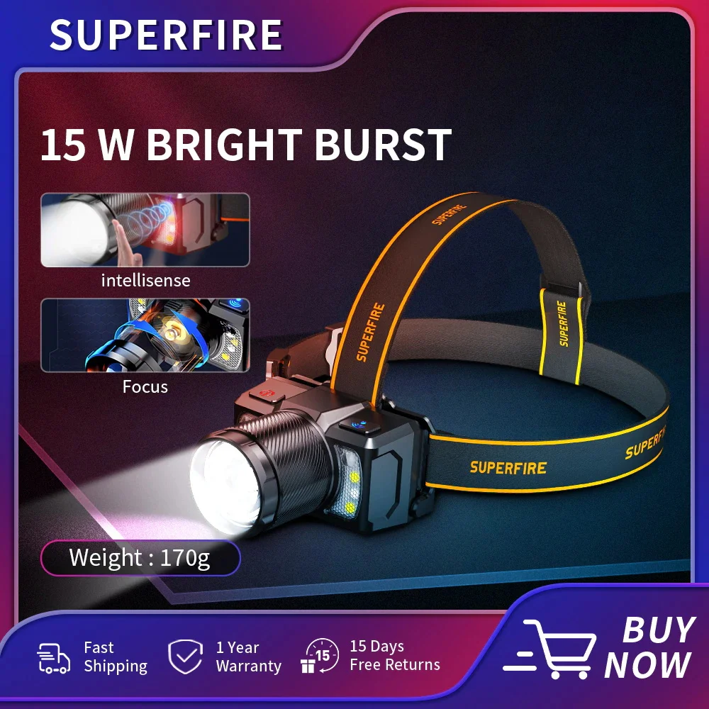 SUPERFIRE HL25 15W Powerful Zoomable LED/COB Headlamp with Motion Sensor USB-C Rechargeable ...