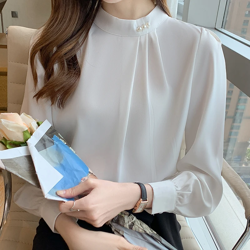 Chemise,Chemisier à manches longues et col montant pour Femme,Blouse ...