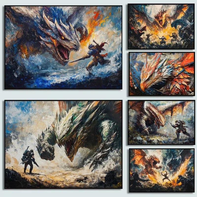Action Adventure Game Monster Hunter Poster Fantasy Oil Painting Style ...
