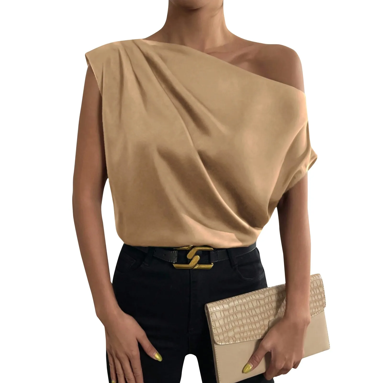 Summer Fashion Versatile Slant Collar Pinch-pleated One-Shoulder ...