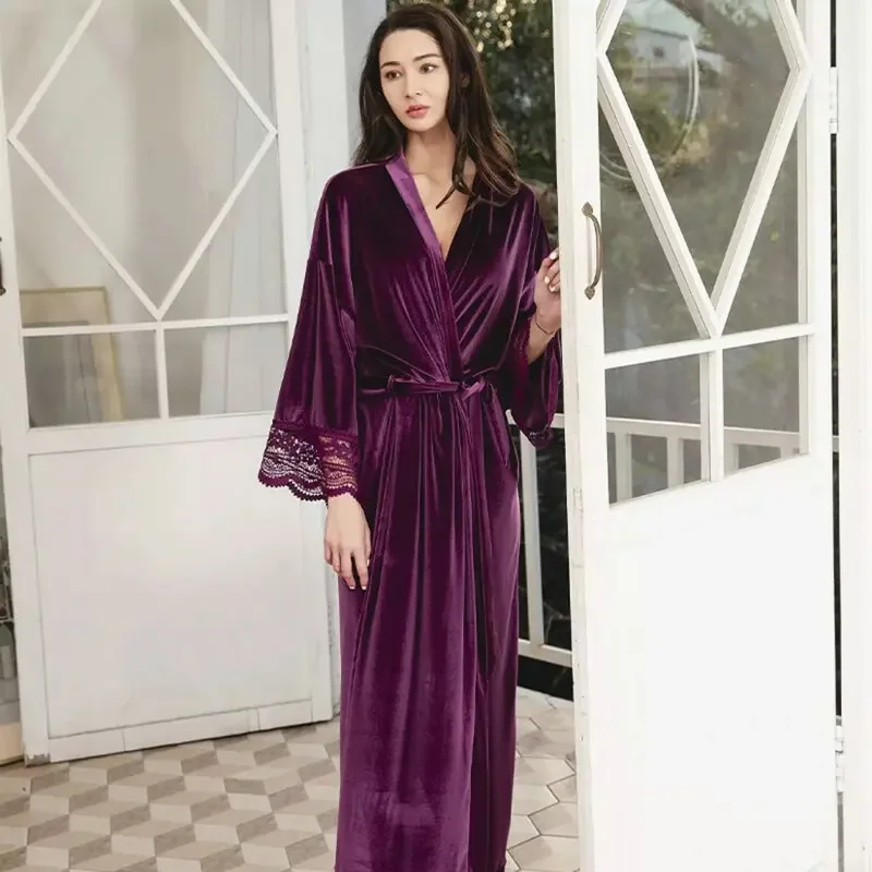 Autumn Winter Velvet Nightgown Kimono Robe Sleepwear Dressing Gown ...