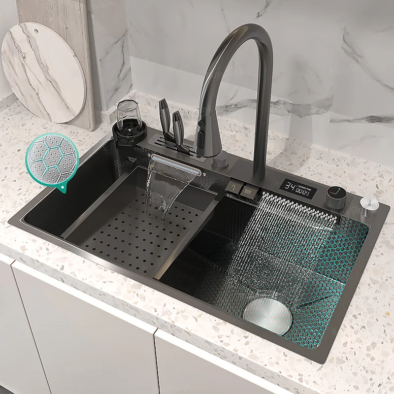 Waterfall-Sink-Kitchen-Sink-Stainless-Steel-Embossed-Large-Single-Slot ...