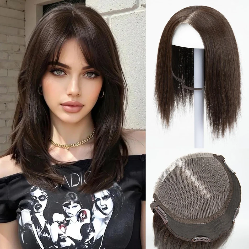 Brown Lace Front Human Hair Toppers with Band for Women Pre-cut Lace ...