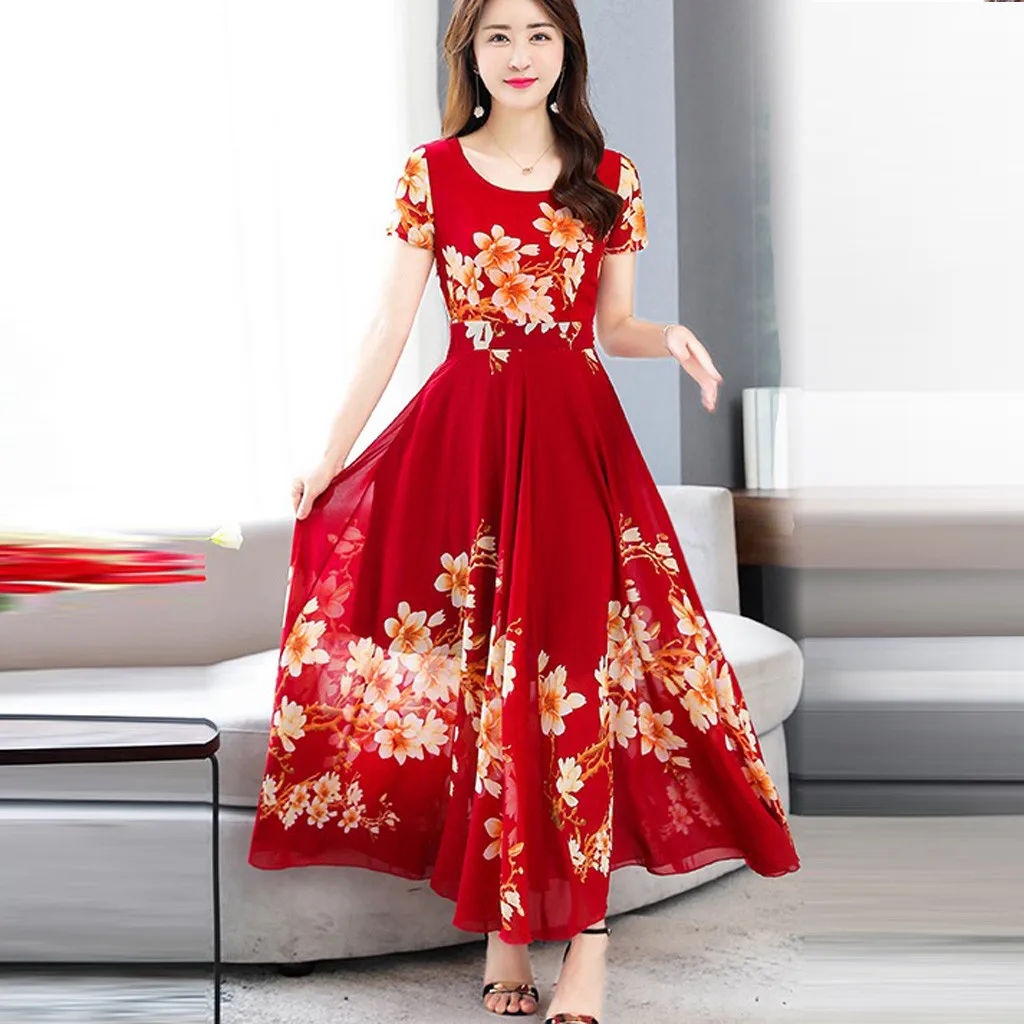 Vestido-largo-de-manga-corta-para-mujer-prenda-informal-ajustada-con-cuello-redondo-estampado-de ...