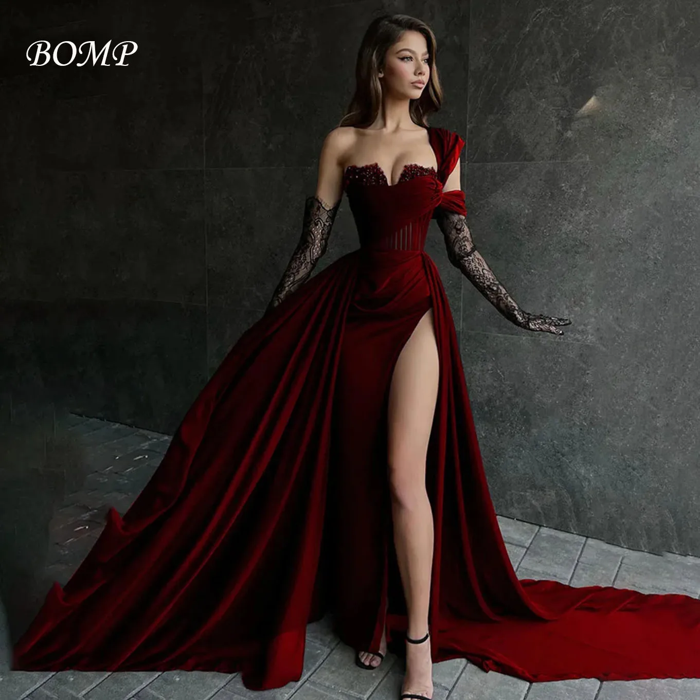 BOMP Red Side High Split Mermaid Evening Dresses One Shoulder Prom ...