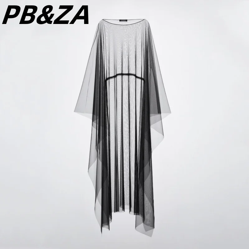 PB & ZA 2023 새로운 여성용 라운드 넥 선 스크린 중간 길이 느슨한 주름 튤 망토 코트 0653036 ...