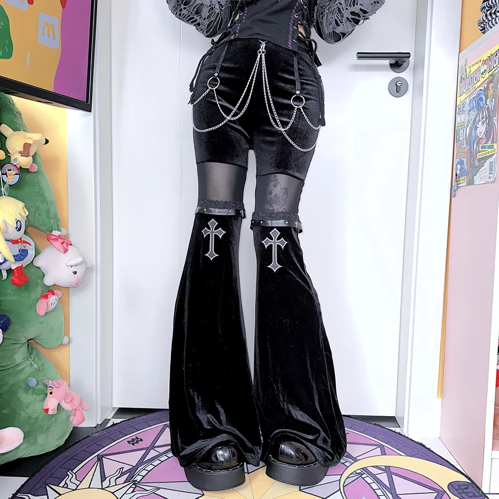Ruibbit Retro Gothic Black Cross Pants Goth Harajuku High Waist Flared ...