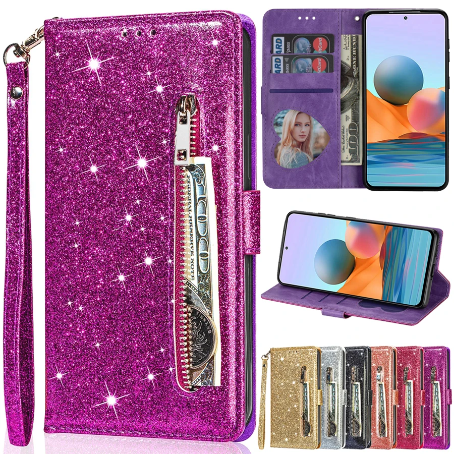 Wallet Glitter Leather Case For Xiaomi Redmi 10 9 9a 9c 9t 8 7a Note 10 ...