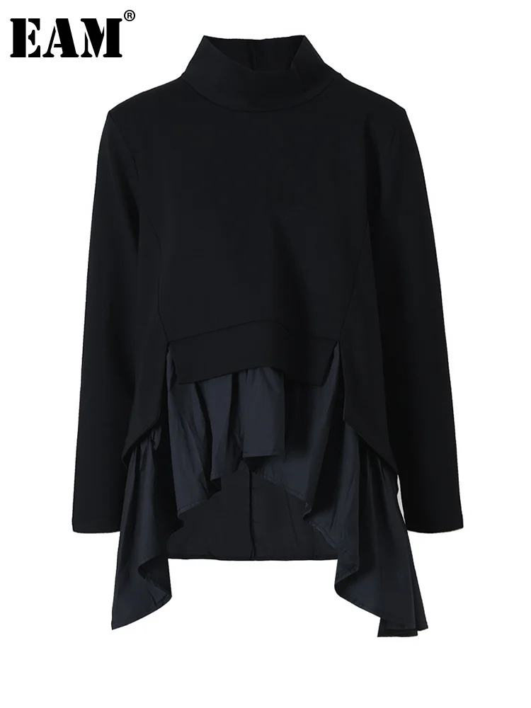 EAM Black Ruffles Irregular Sweatshirt Loose Fit New Turtleneck Long ...