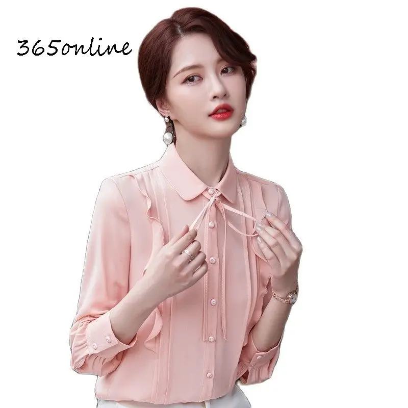 Ladies-Office-Elegant-Pink-Long-Sleeve-Blouses-Shirts-Women-Business ...