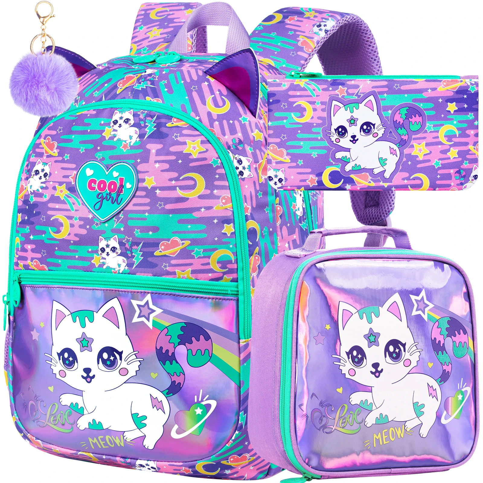 16.5" Cat Backpack for Girls, 3Pcs Kids Bookbag Set for Kindergarten ...