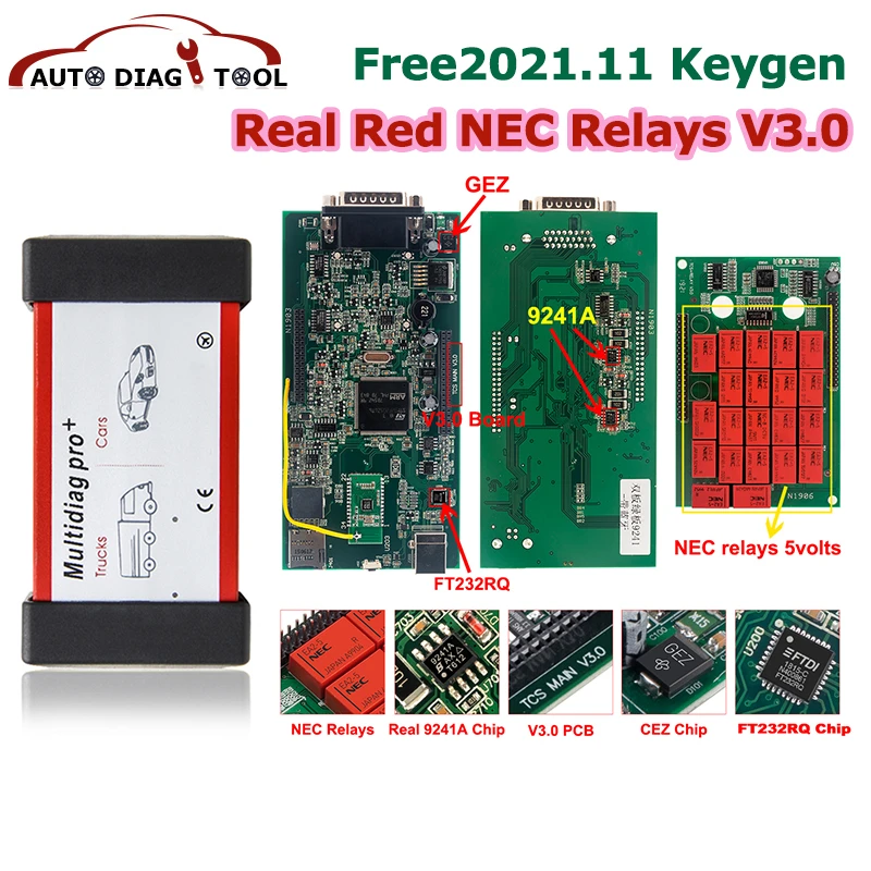 Multidiag Pro+ Real Red NEC Relay OBD2 Scanner TCS PRO BT V3.0 2PCB ...
