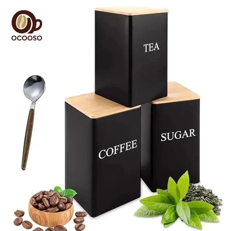 OCOOSO Tea Coffee Sugar Container Set Bamboo Lid Iron Coffee Storage ...