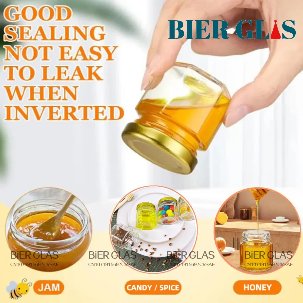 45ml-Mini-Hexagonal-Glass-Jars-and-Lids-Glod-Cap-Split-Bottle-Small ...