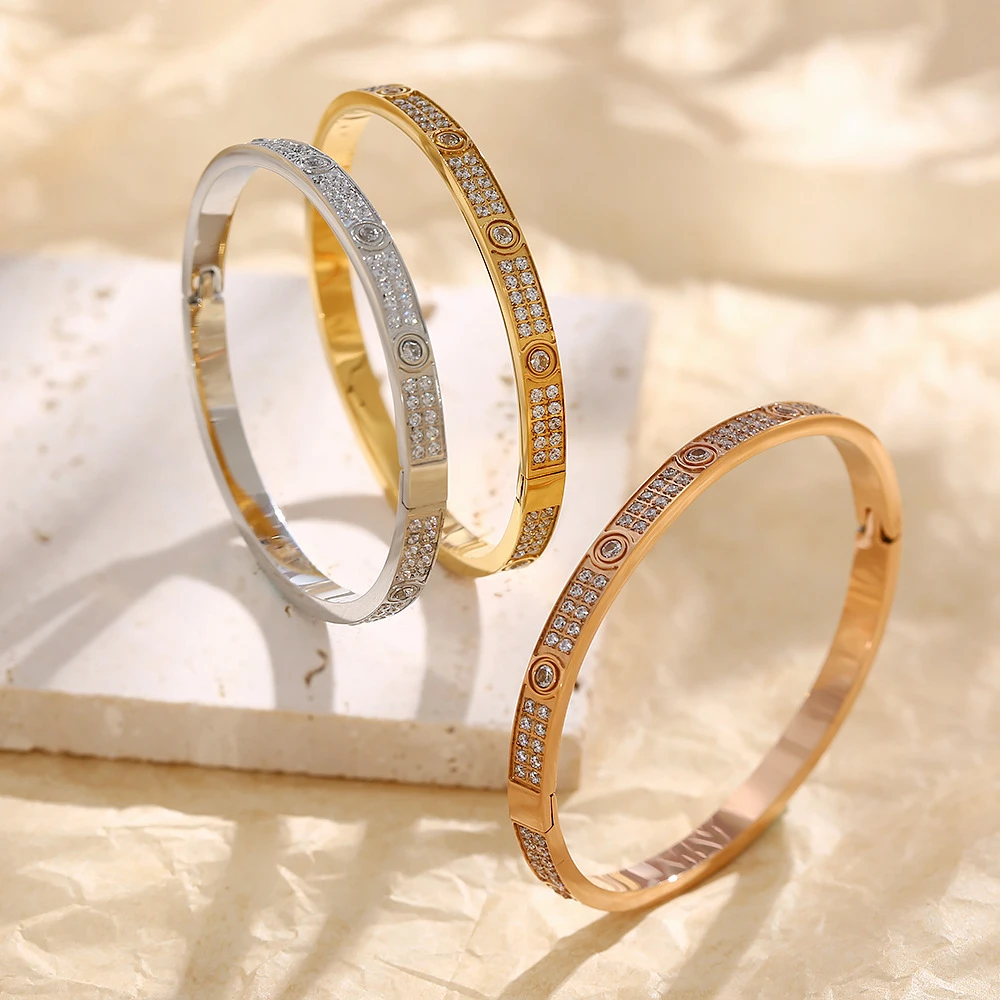 Fashion Luxury Cubic Zirconia Stainless Steel Bangles for Women Rose ...