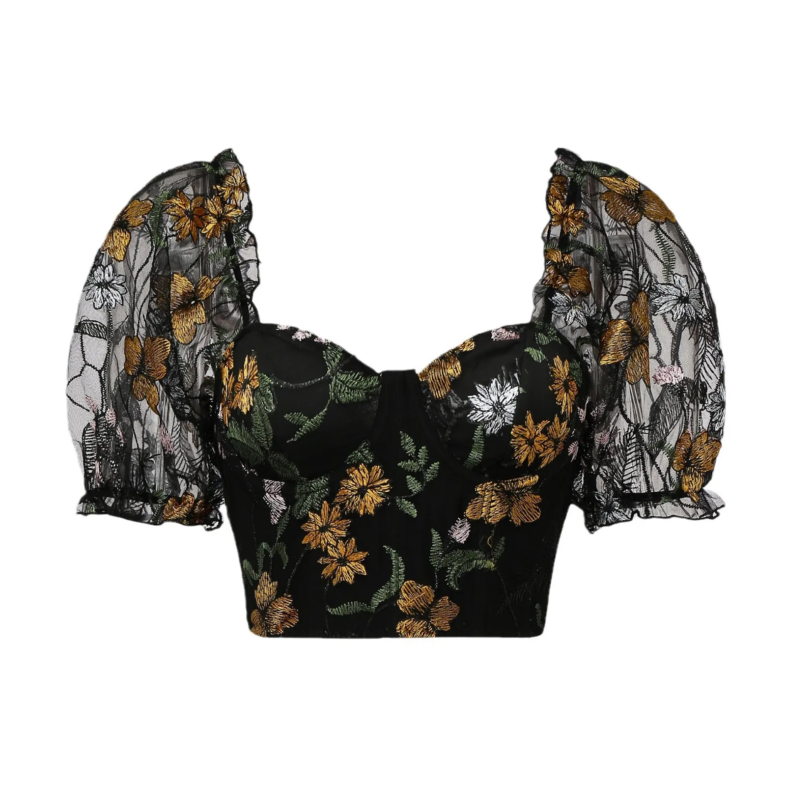 sexy black shirt women clothing floral embroidered mesh puff sleeve ...
