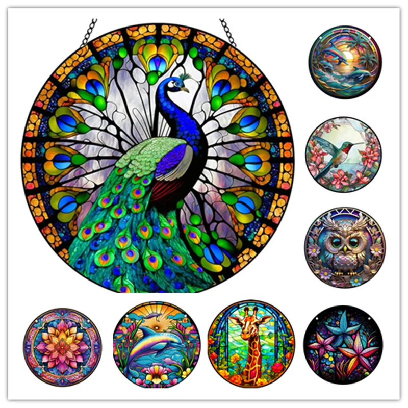 Pav-o-manchado-Suncatchers-redondos-Acr-lico-Zoo-Glass-Window-Pendurado-Pintura-Garden ...