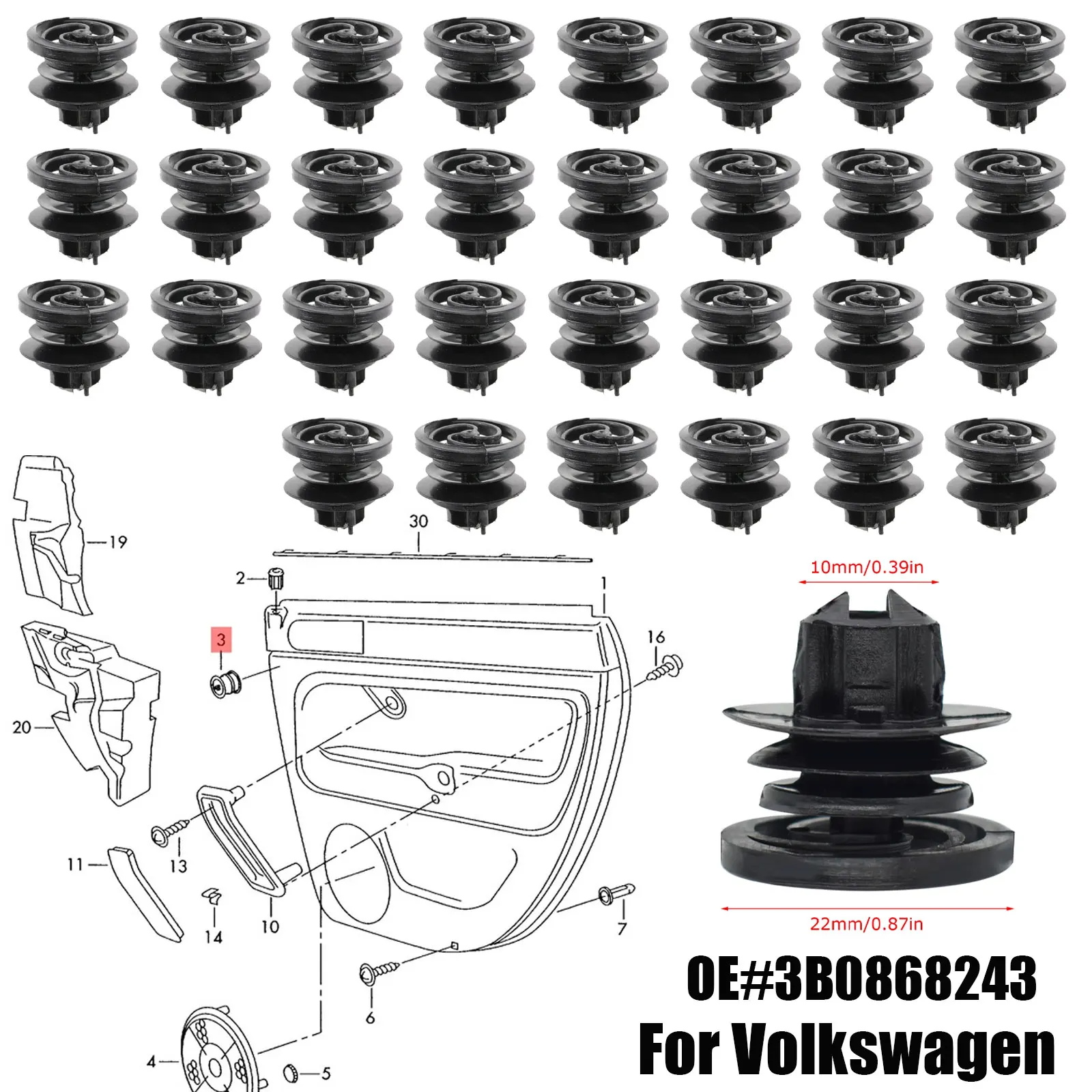 Car Interior Door Panel Clips Trim Fasteners 3B0868243 for For VW JETTA ...