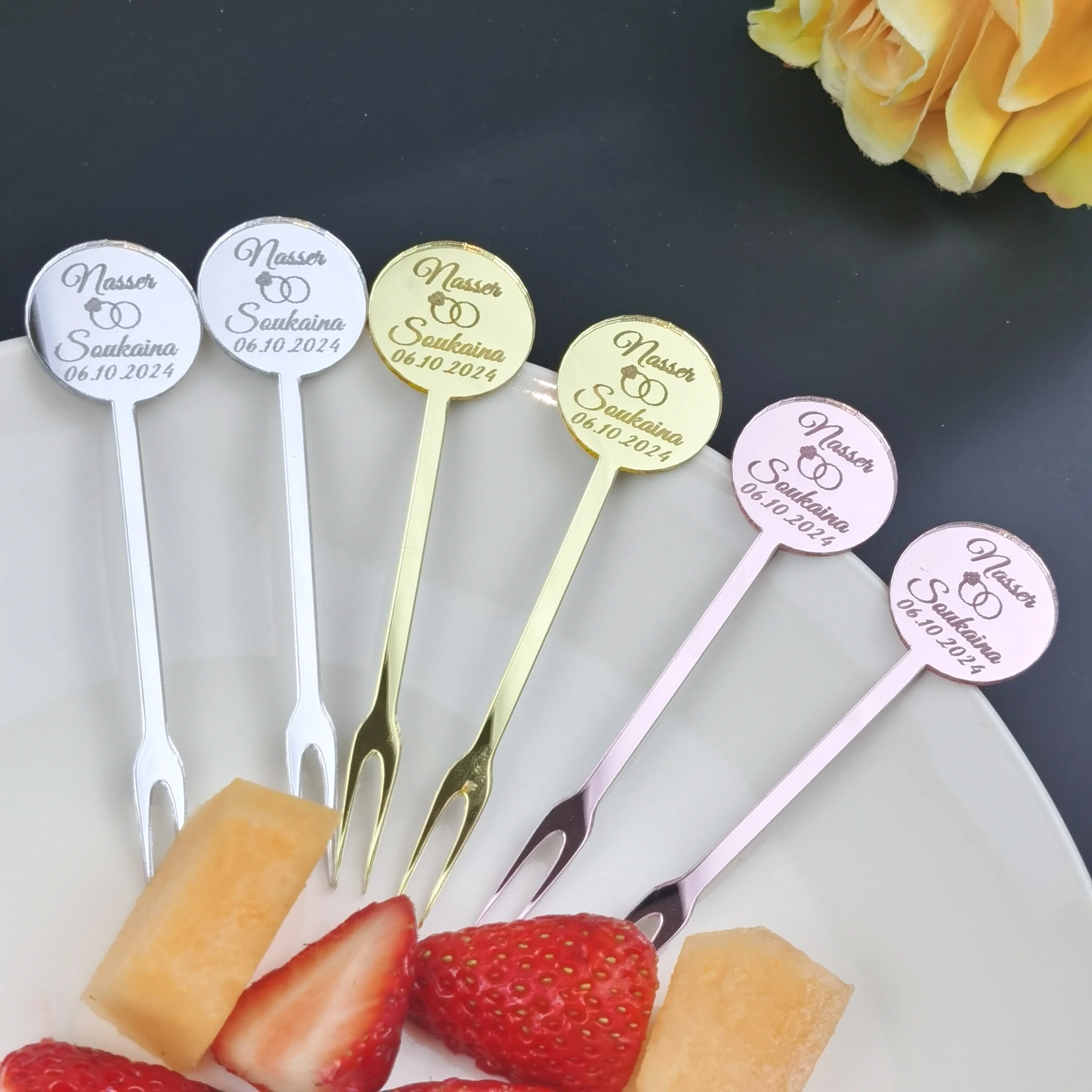 Personalized Round Mirror Fruit Fork Wedding Dining Custom Fork Wedding ...