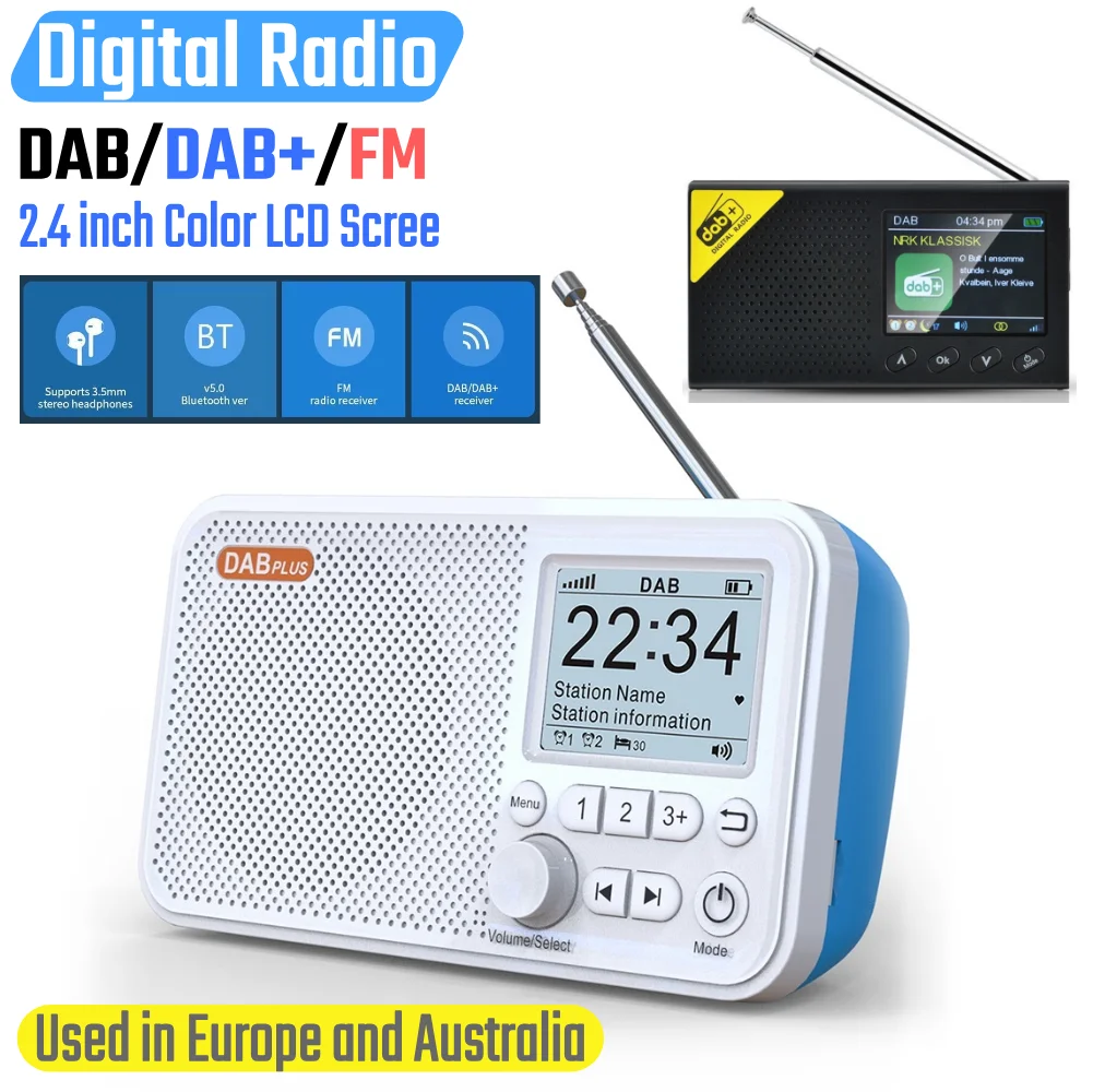 EU DAB//FM Digital Radio 2.4 inch Color LCD Display BT 5.0 Battery ...