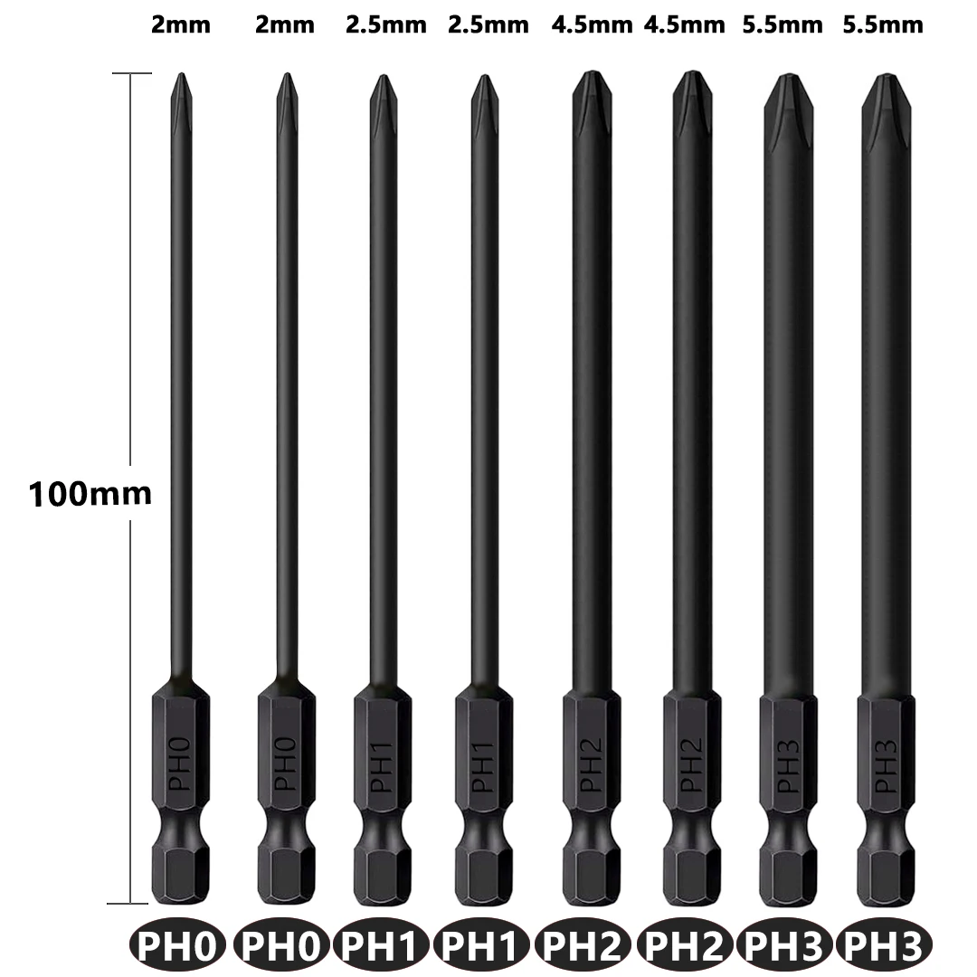 8Pcs Cross Screwdriver Bits 100mm Phillips Impact Drill Bit PH0 PH1 PH2 ...