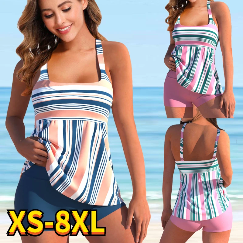 2022 New Women Large Size Two Pieces Tankini Sets Striped Print Swimsuit Female Sexy Bikini ...