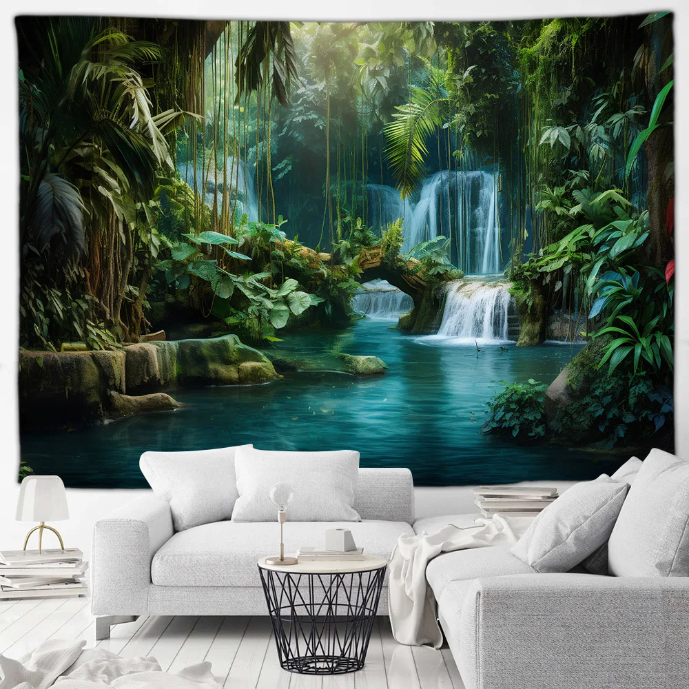 Tropical-Jungle-Waterfall-Landscape-Tapestry-Green-Plants-Nature-Forest ...