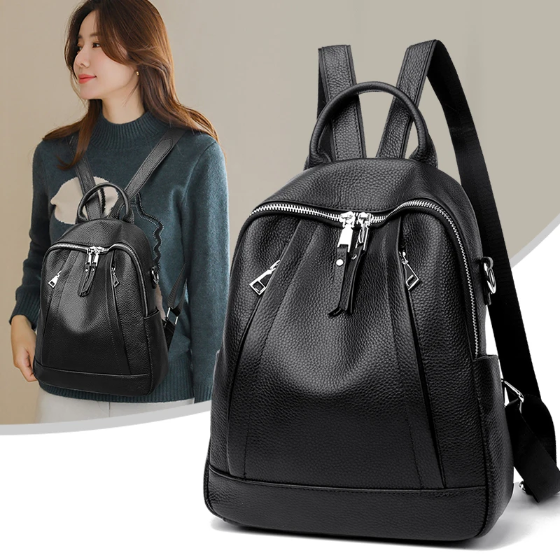 2023 Female Women's Cowhide Bags Travel Bag Fashion Black Backpack ...