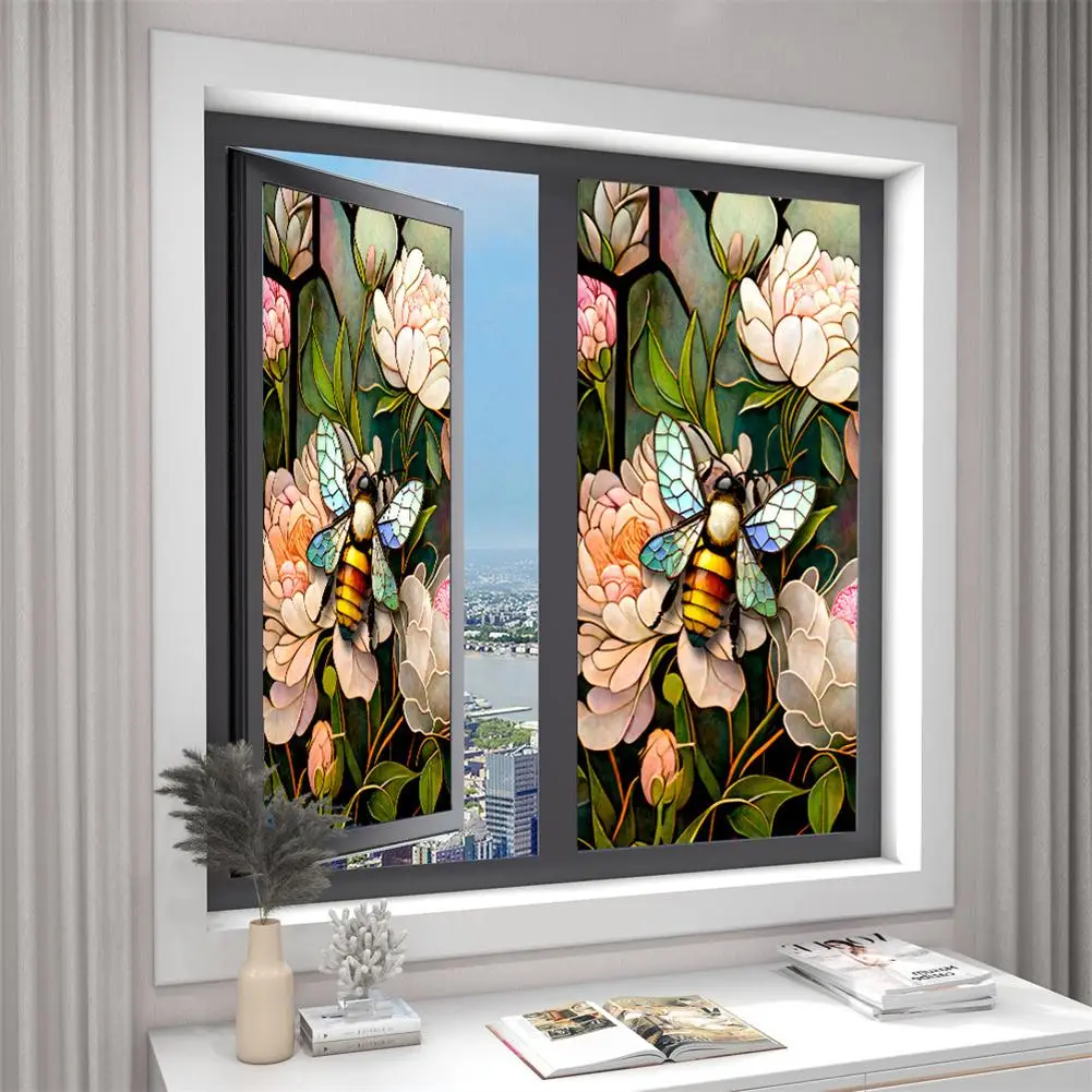 Floral-Bee-Static-Window-Stickers-Non-adhesive-Removable-Sun-Blocking ...
