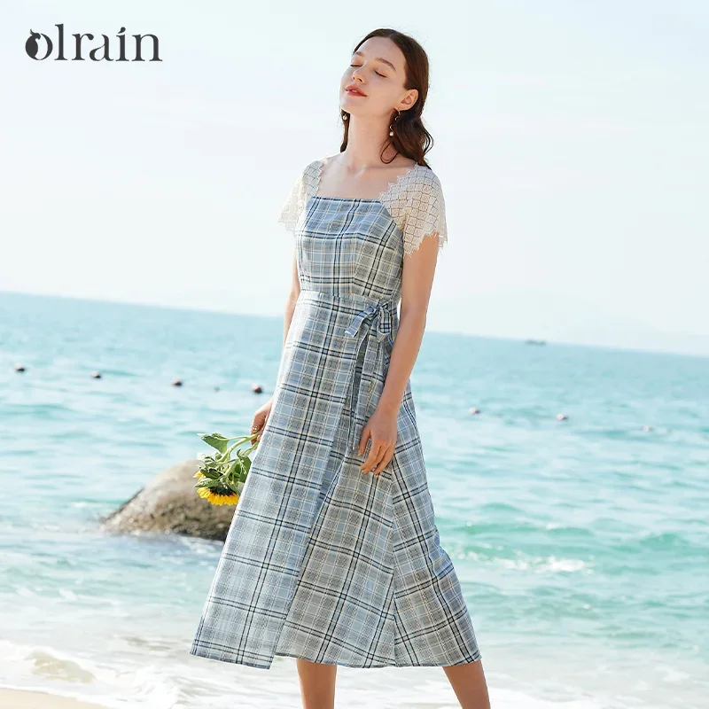 OLrain Summer Plaid Dresses Woman 2025 Short Sleeve Square Neck Elegant ...