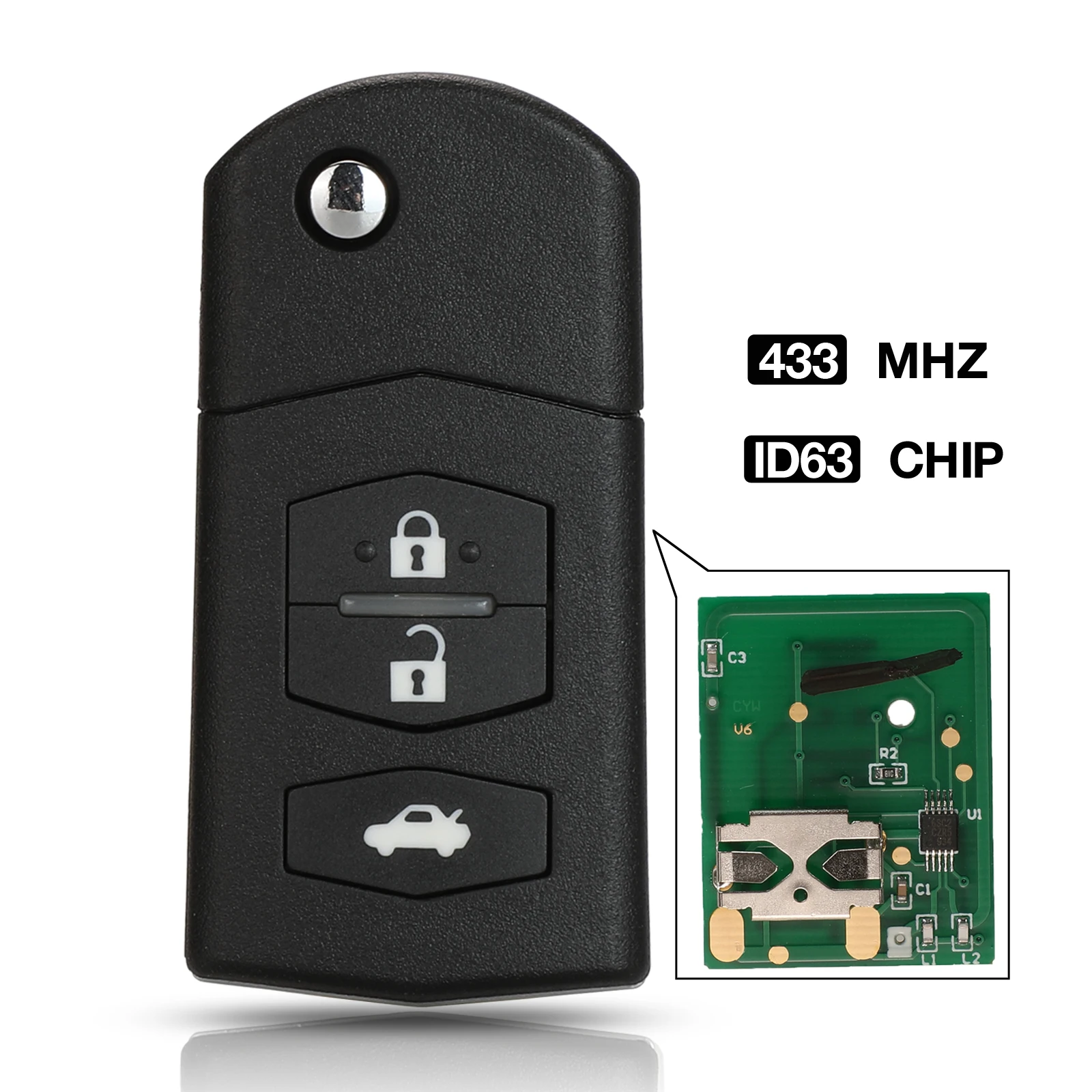 jingyuqin Remote Car Key 433MHz 4d63 Chip Fob 3 Buttons For Mazda 2 6 ...