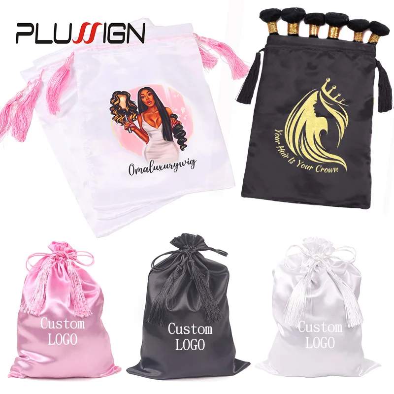 Custom Logo 20pcs/lot Satin Wig Bags With Drawstring Tassel Black Pink ...