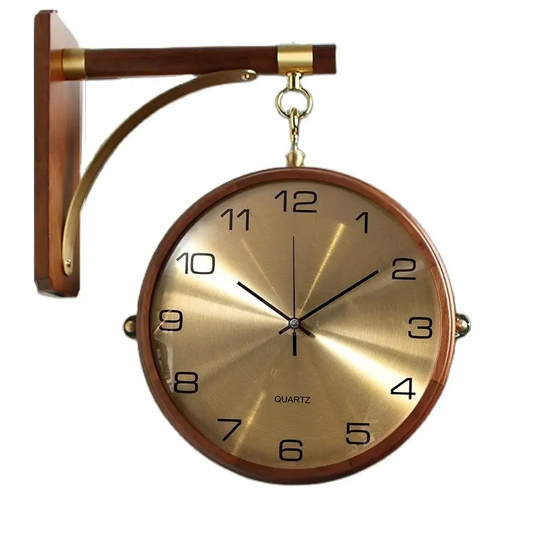 Luxury-Double-Sided-Wall-Clock-Metal-Silent-Rotating-Solid-Wood-Watch ...