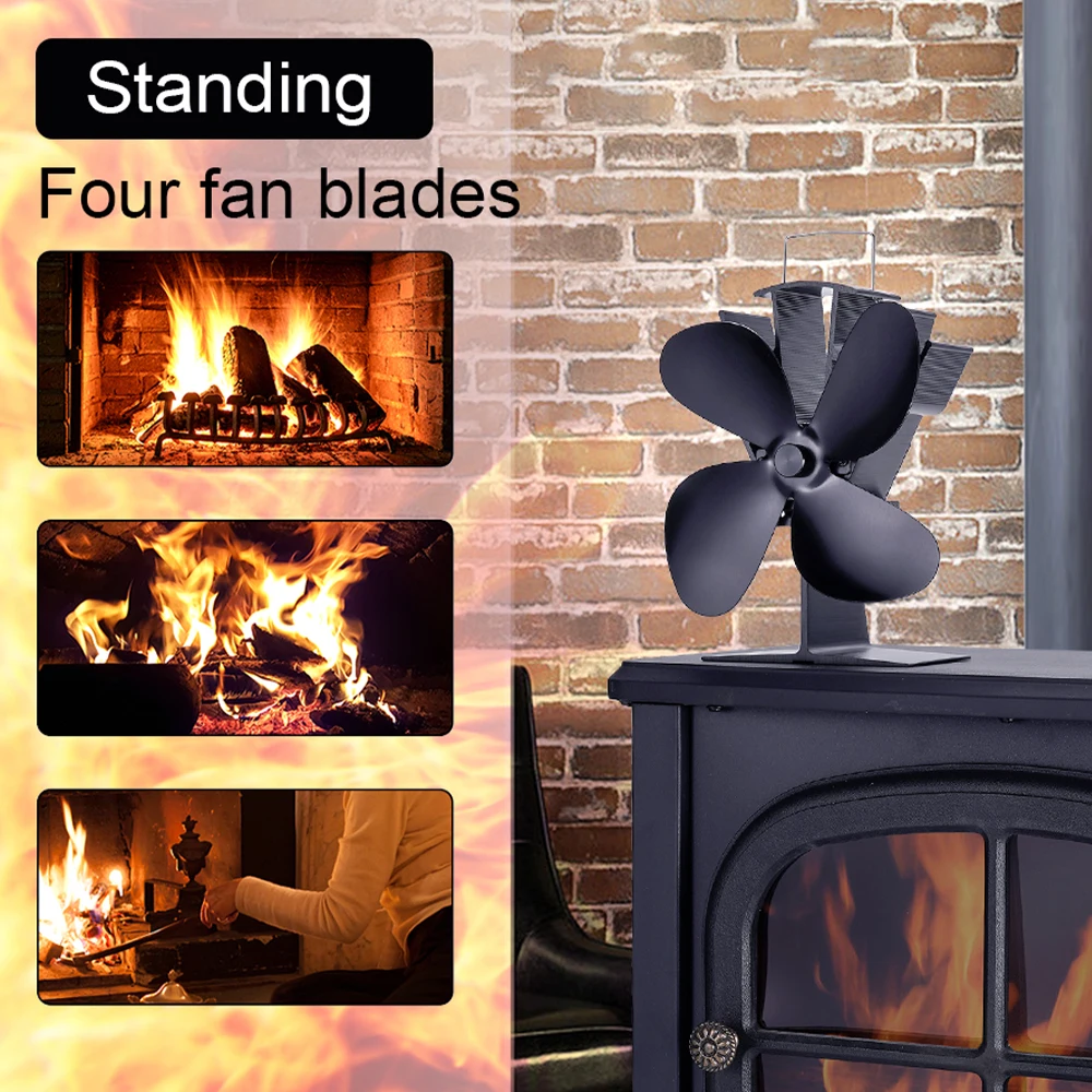 4-Blade-Heat-Powered-Stove-Fan-Log-Wood-Burner-Eco-Friendly-Quiet-Black ...