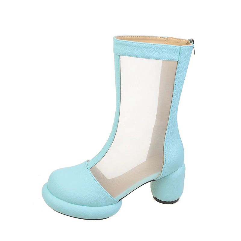 New Summer Women Cool Boots Round Head High Heel Zipper Hollow Mesh ...