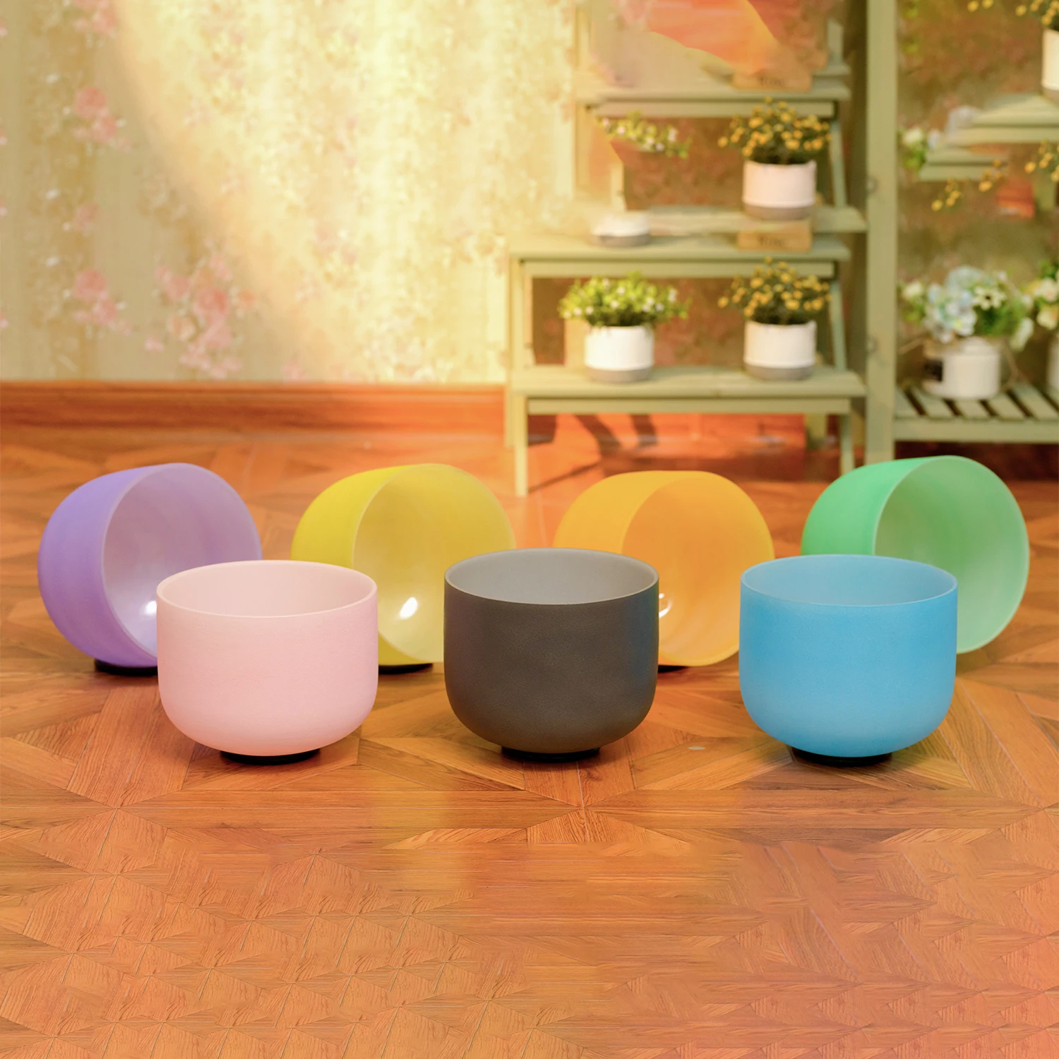 7 12 Inch Colored Chakra Frosted Quartz Crystal Singing Bowl Set 7 pcs ...