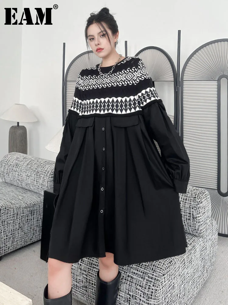 EAM-Women-Black-Pattern-Knitting-Big-Size-Dress-New-Round-Neck-Long ...